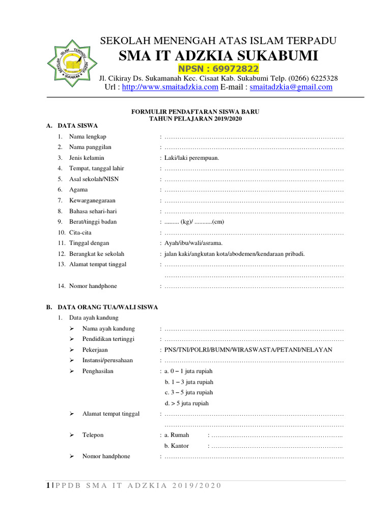 Formulir PPDB Smait Adzkia 2019 | PDF