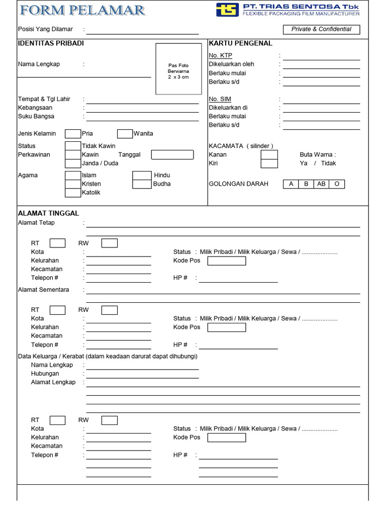 FORM PELAMAR - PT. Trias Sentosa, TBK (2 Lembar) | PDF