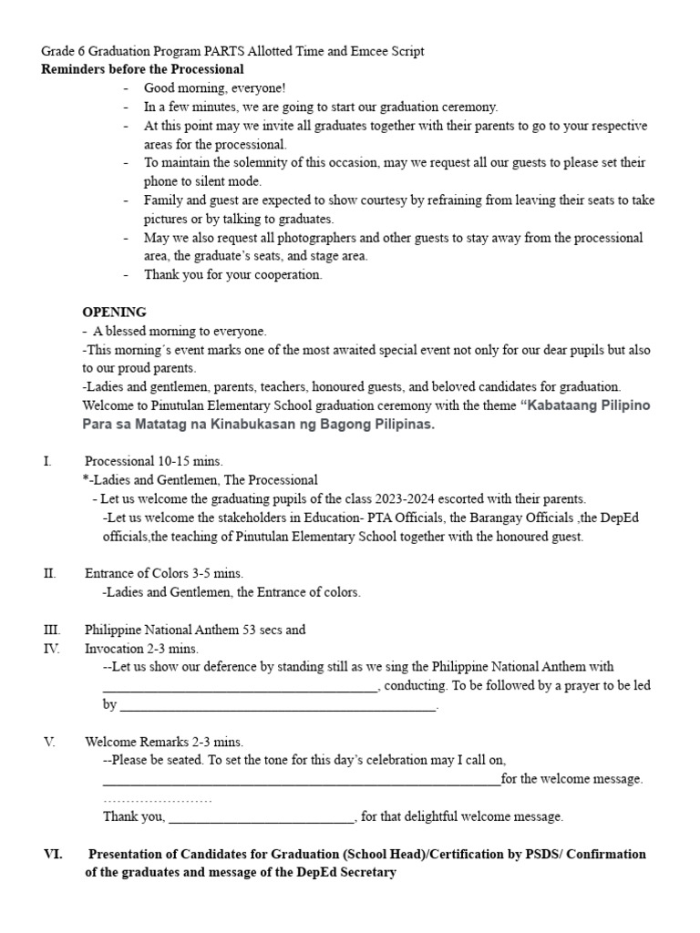 Grade 6 Graduation Ceremony Script | PDF | Language Arts & Discipline ...