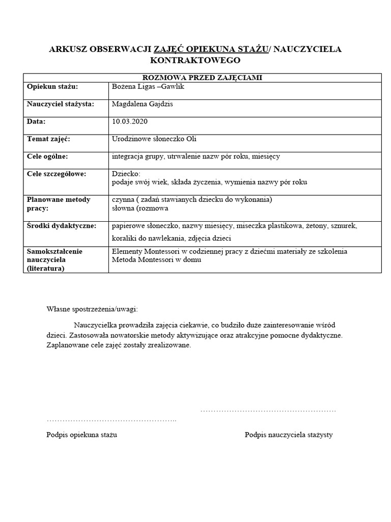 Arkusz Obserwacji Zajec Opiekuna Stazu 1 1 4 | PDF