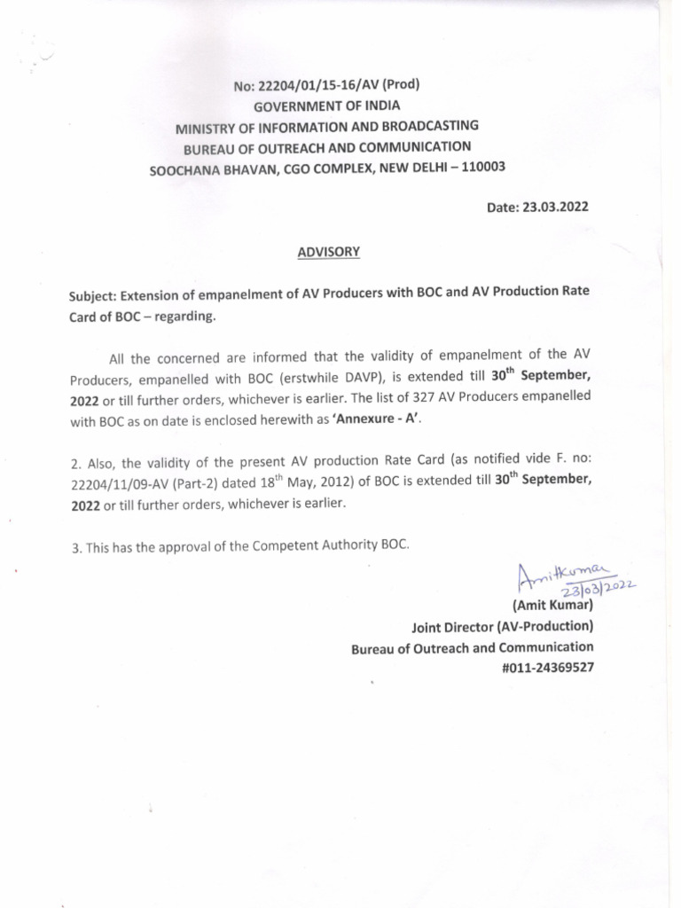 Extension of Empanelment of Av Producers With Boc and Av Production ...