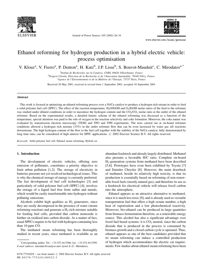 2002-KLOUZ-Ethanol Reforming For Hydrogen Production in A Hybrid Electric Vehicle | Download ...