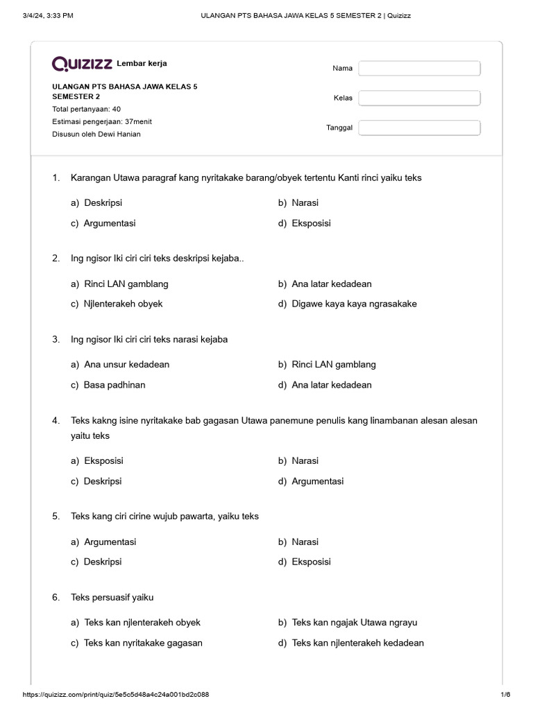 Ulangan Pts Bahasa Jawa Kelas 5 Semester 2 Quizizz Pdf