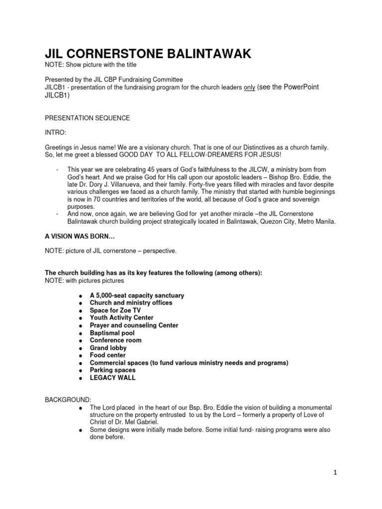 Jilcb1 Jil Cornerstone Balintawak Presentation For Leaders | Download Free PDF | Fundraising