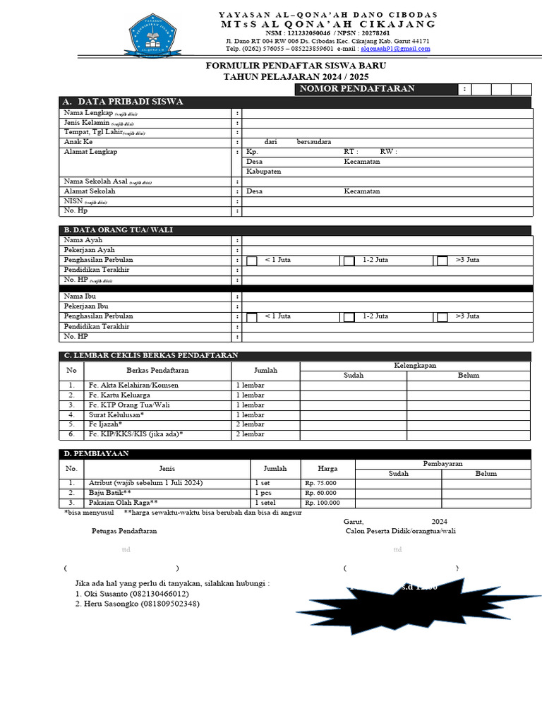 formulir pendaftaran mts 2024_2025 | PDF