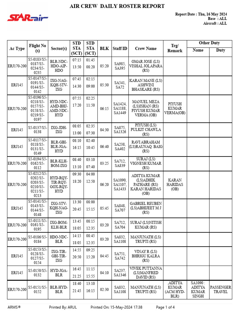 AIR CREW DAILY ROSTER ON 16th May'24 | PDF
