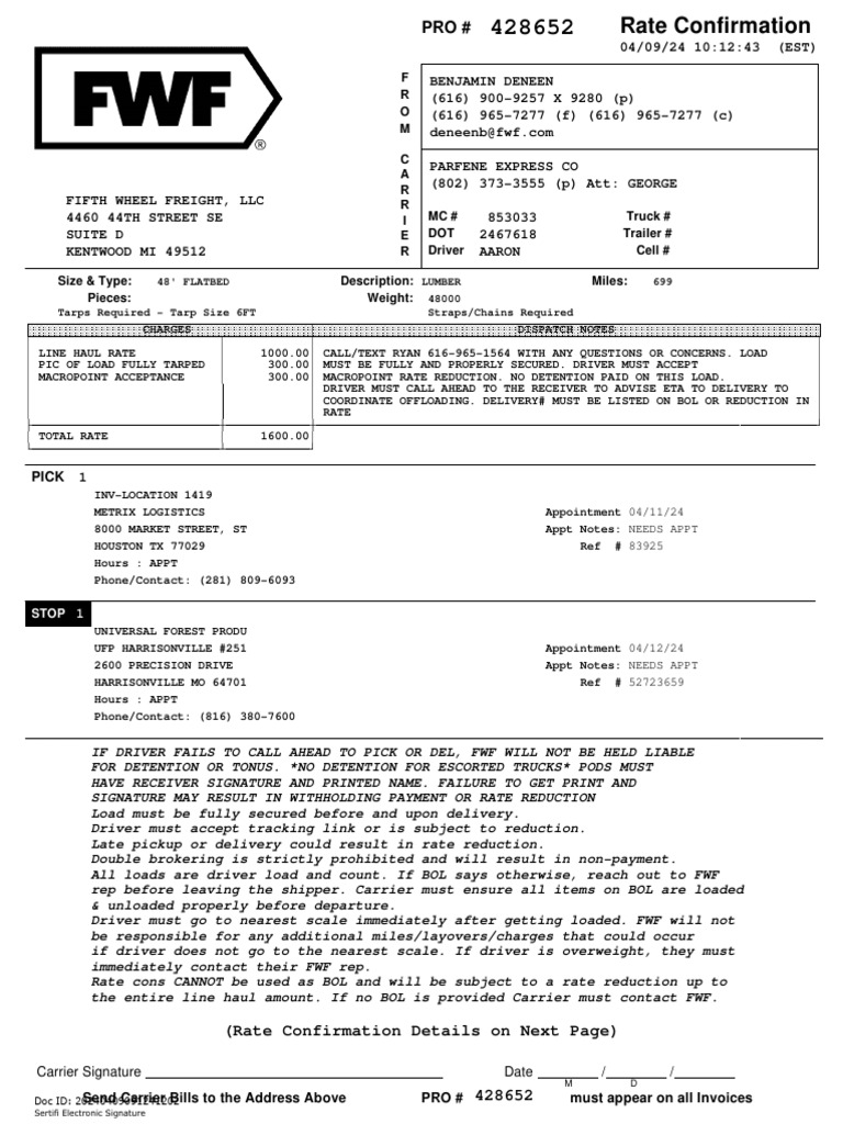 Rate Confirmation | PDF | Wheeled Vehicles | Consumer Goods