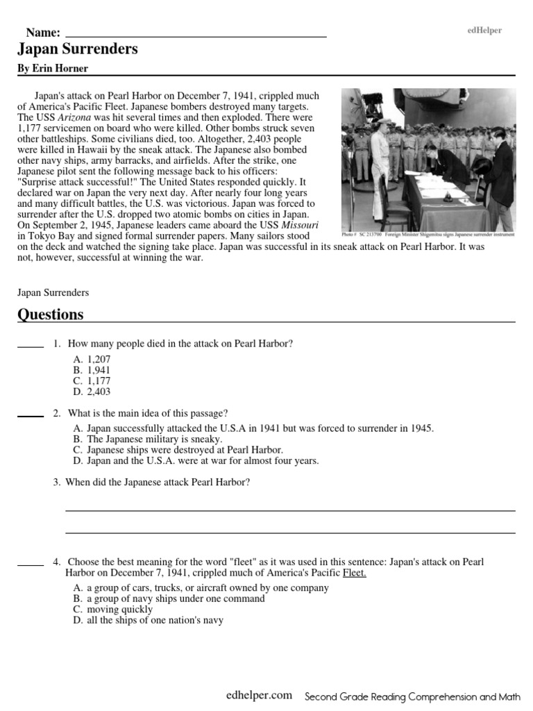2nd Grade Reading Comprehension Worksheets | PDF | Attack On Pearl ...