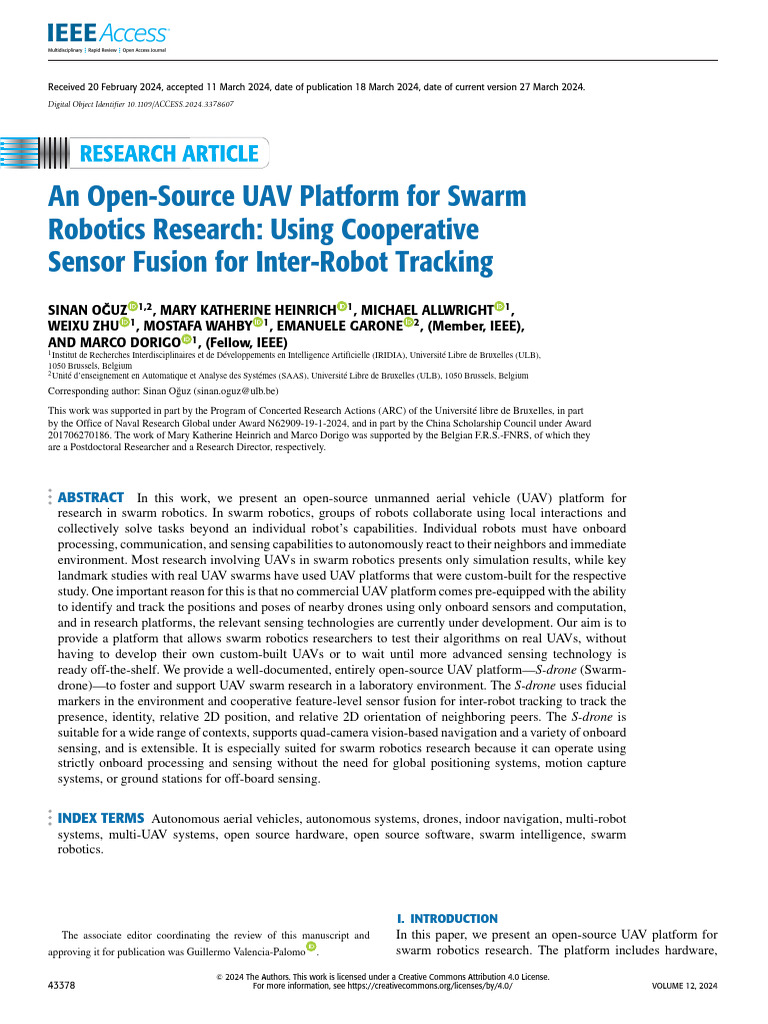 An Open Source Uav Platform For Swarm Robotics Research Using Cooperative Sensor Fusion For