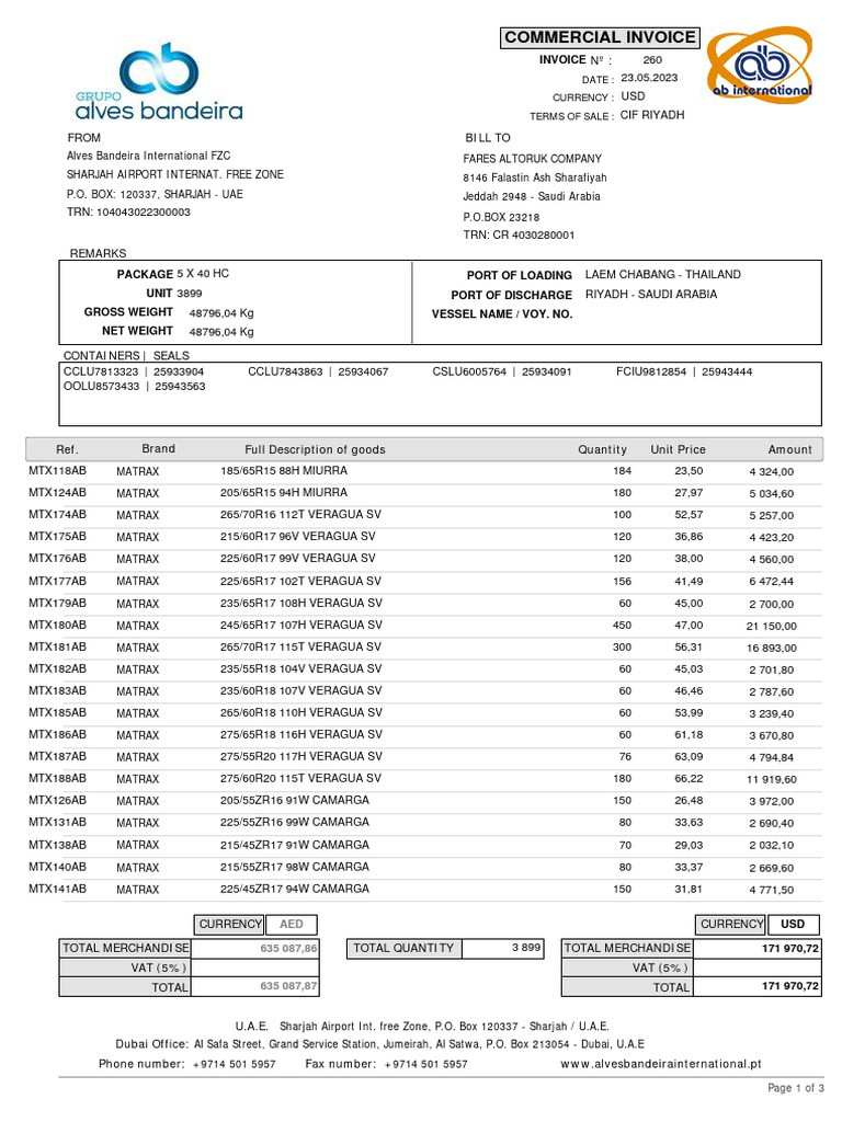 Commercial Invoice: Currency: Date: Terms of Sale | PDF | United Arab ...