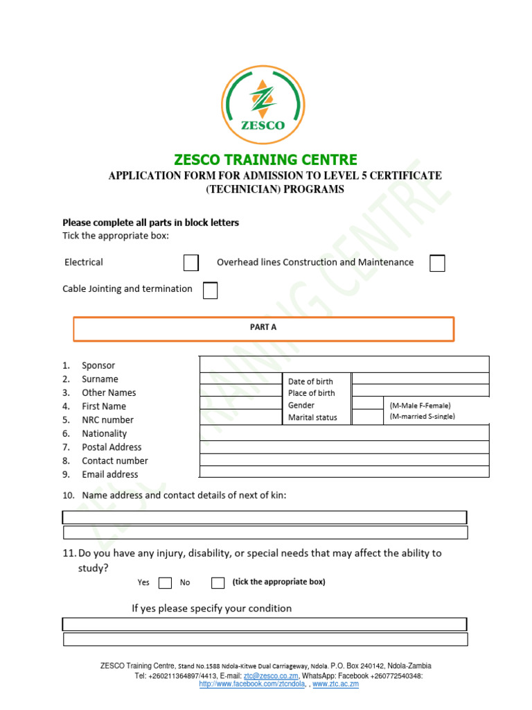 Zesco Training Center Application Form 2024 Technician Programs | PDF