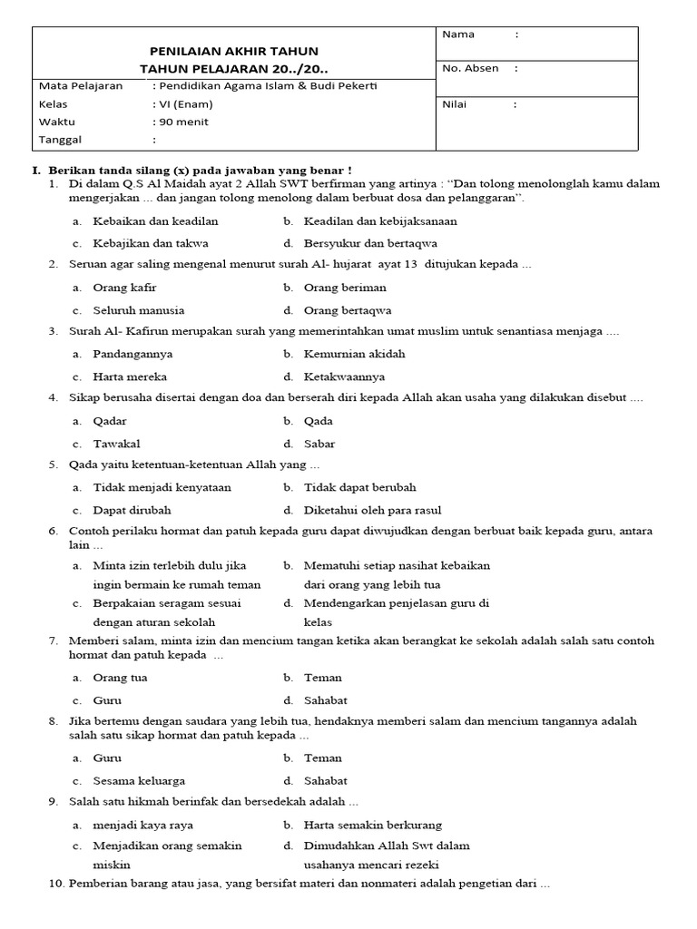 Soal PAT PAI Kelas 6 K13 | PDF