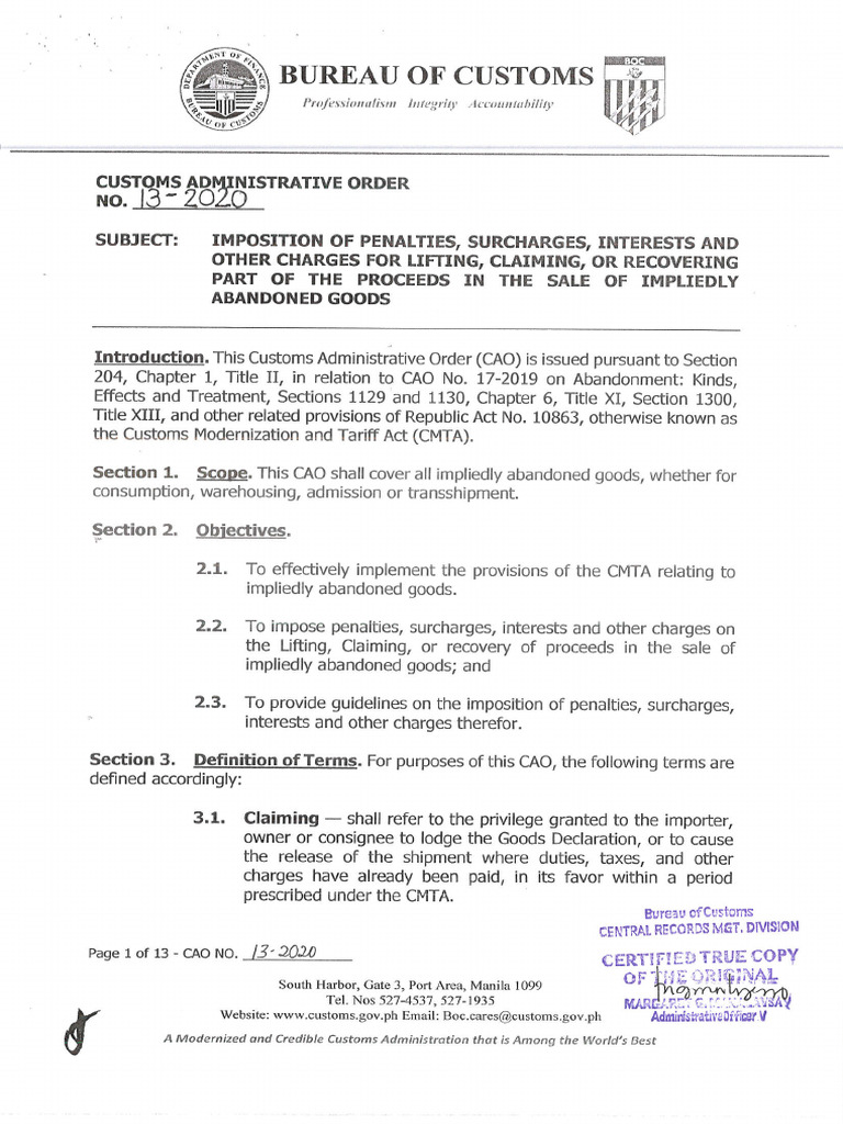 BoC Customs Administrative Order No 13 2020 | PDF