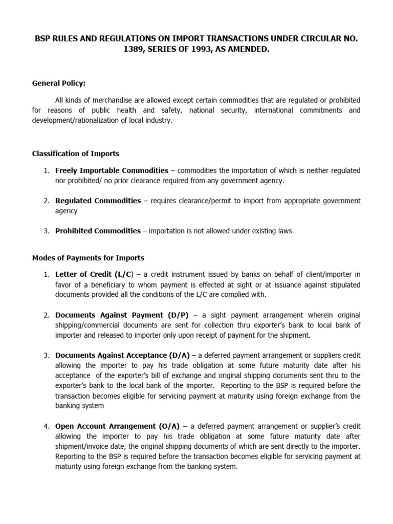 BSP Import Regulations & L/C Guide | PDF | Letter Of Credit | Economies