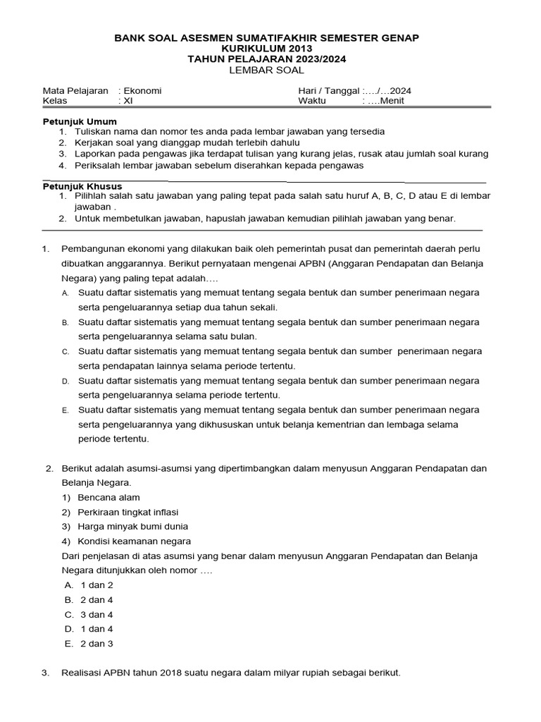 Soal - Ekonomi - ASAS Genap 2024 - Kls XI - K13 | PDF