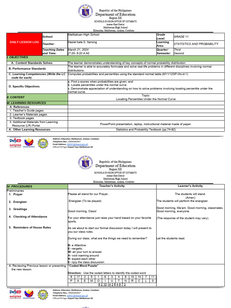 Lesson Plan | PDF | Percentile | Normal Distribution