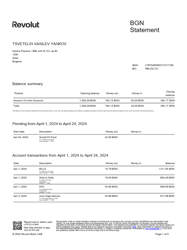 Revolut Bank April 2024 Statement | PDF | Banks | Lithuania