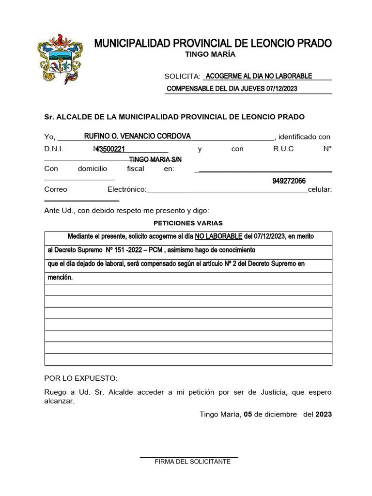 Solicitud de Dia No Laborable | PDF