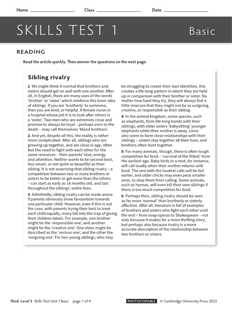 Think 5 - Skills - Test - Basic - Unit - 1 | PDF | Sibling