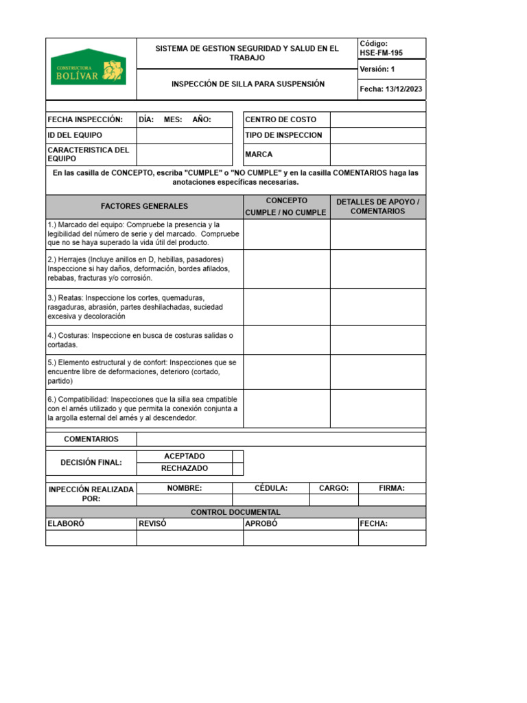 HSE-FM-195 INSPECCIÓN DE SILLA PARA SUSPENSIÓN - Hojas de cálculo de ...