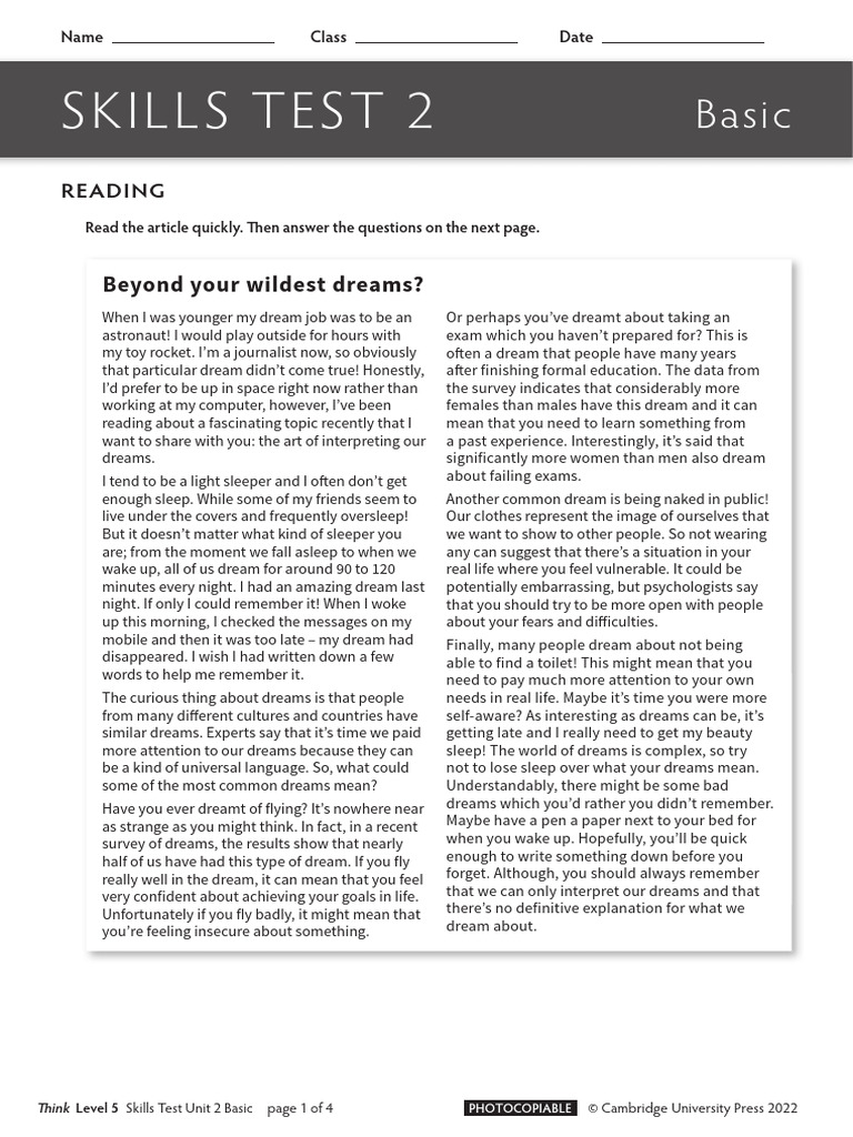 Think 5_Skills_Test_Basic_Unit_2 | PDF | Dream | Sleep