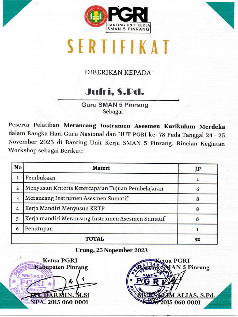 Sertifikat PGRI 2023 - Jufri, S.Pd. | PDF