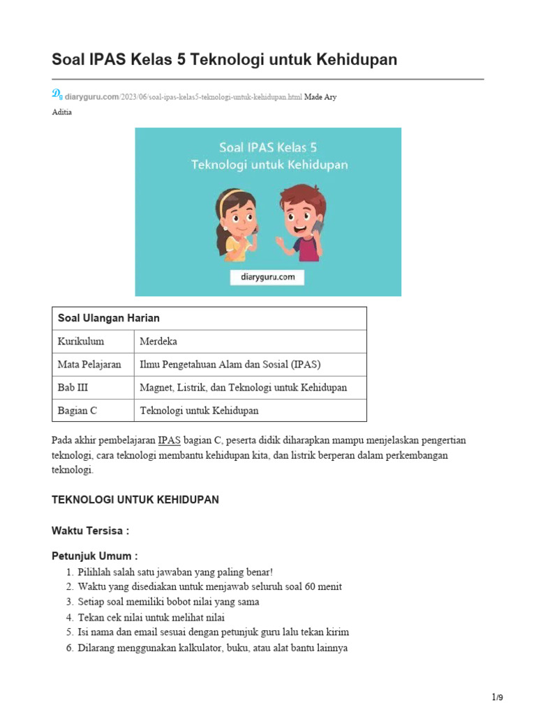 Soal IPAS Kelas 5 Bab-3 Teknologi Untuk Kehidupan | PDF