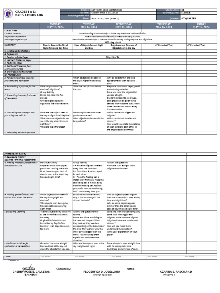 DLL - Science 3 - Q4 - W7 | PDF | Sky | Learning