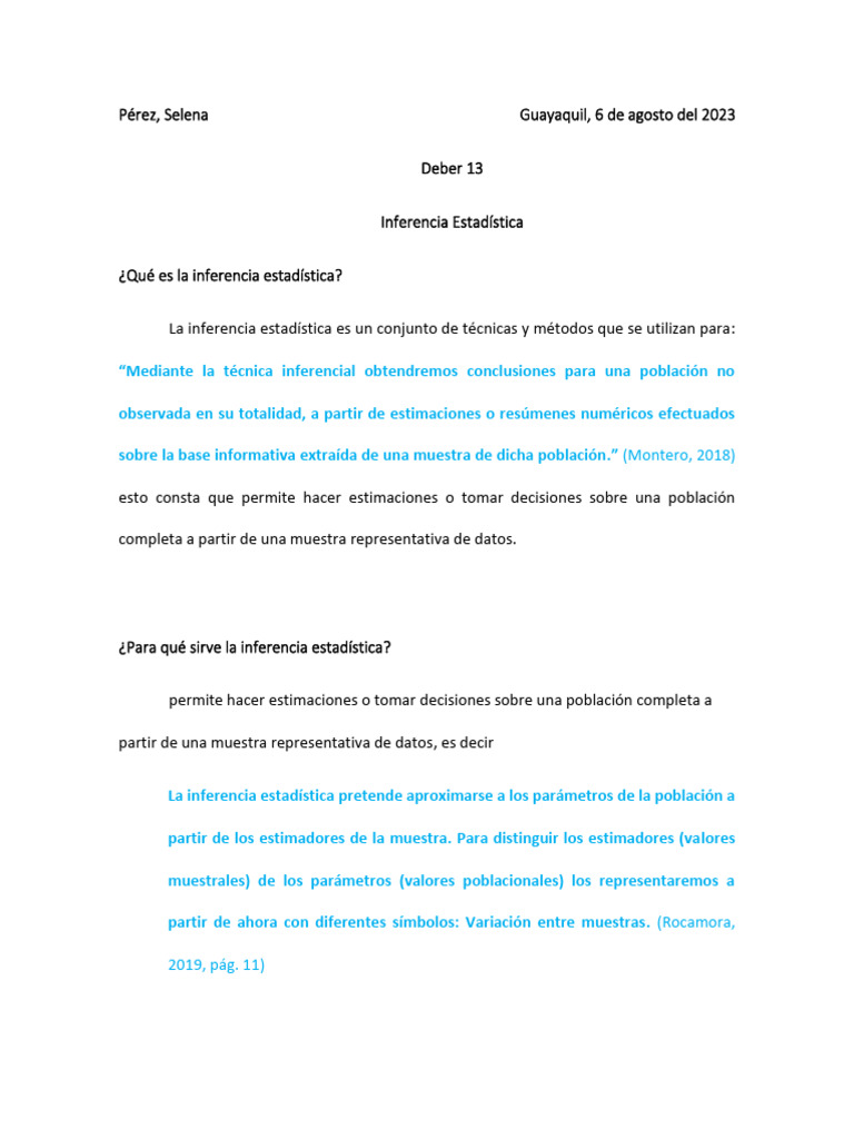 Pérez - Deber 13 (Inferencia Estadística) | PDF | Muestreo (Estadísticas) | Estadísticas