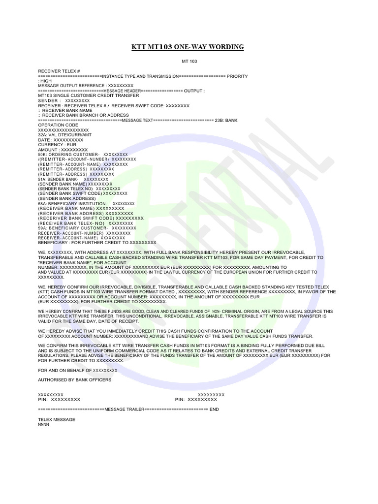 KTT MT103 One Way Wording | PDF | Wire Transfer | Cash
