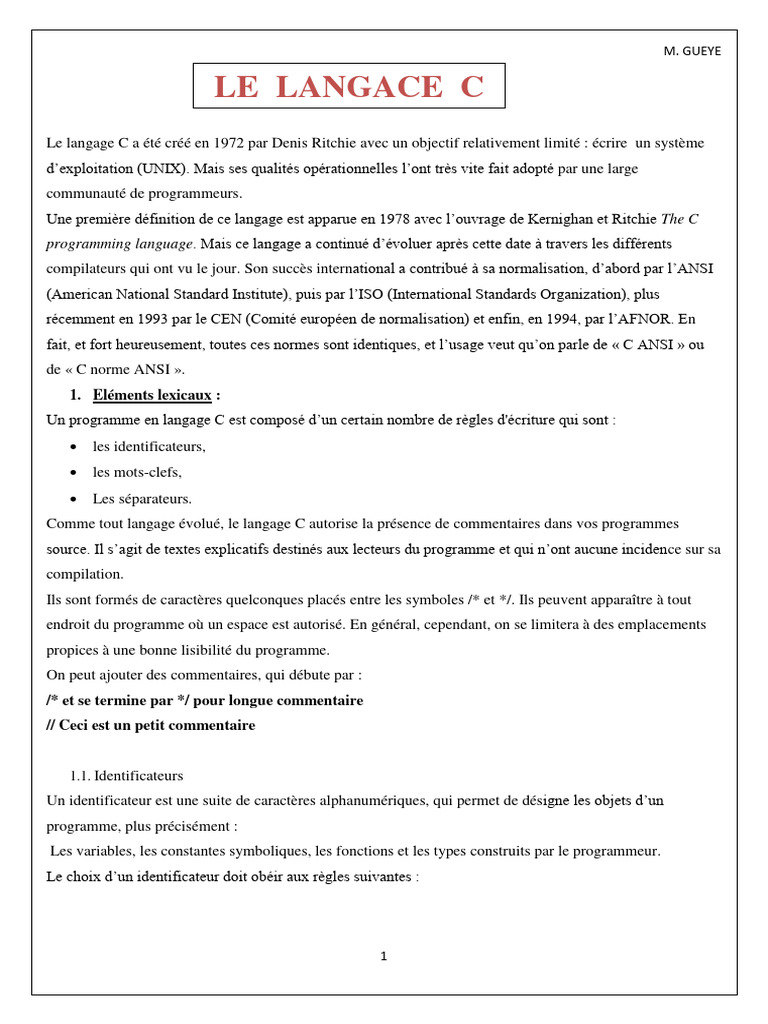 Introduction au langage C | PDF | Variable (informatique) | C (Langage ...