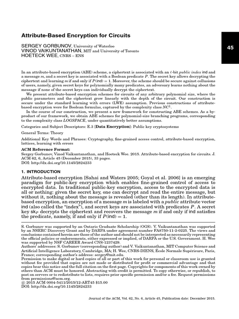 Attribute-Based Encryption For Circuits: - Bit Public Index Ind and | PDF | Cryptography ...