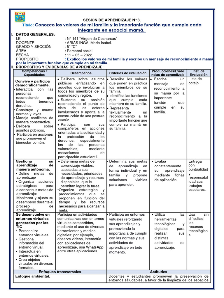 Sesion-de-Aprendizaje-Personal-Social-Valores-y-Func-Familia-Semana-3-Eda-2 14-05-24 | Descargar ...