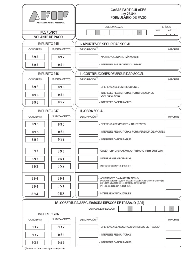 Formulario F.575-RT AFIP Casas particulares. Formulario de pago. | PDF