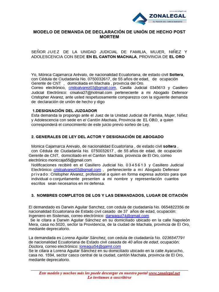 Modelo de Demanda de Unión Post Mortem | PDF | Instituciones sociales ...