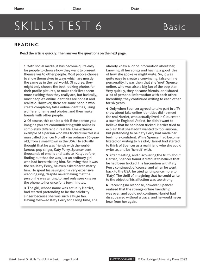 Think 5 - Skills - Test - Basic - Unit - 6 | PDF