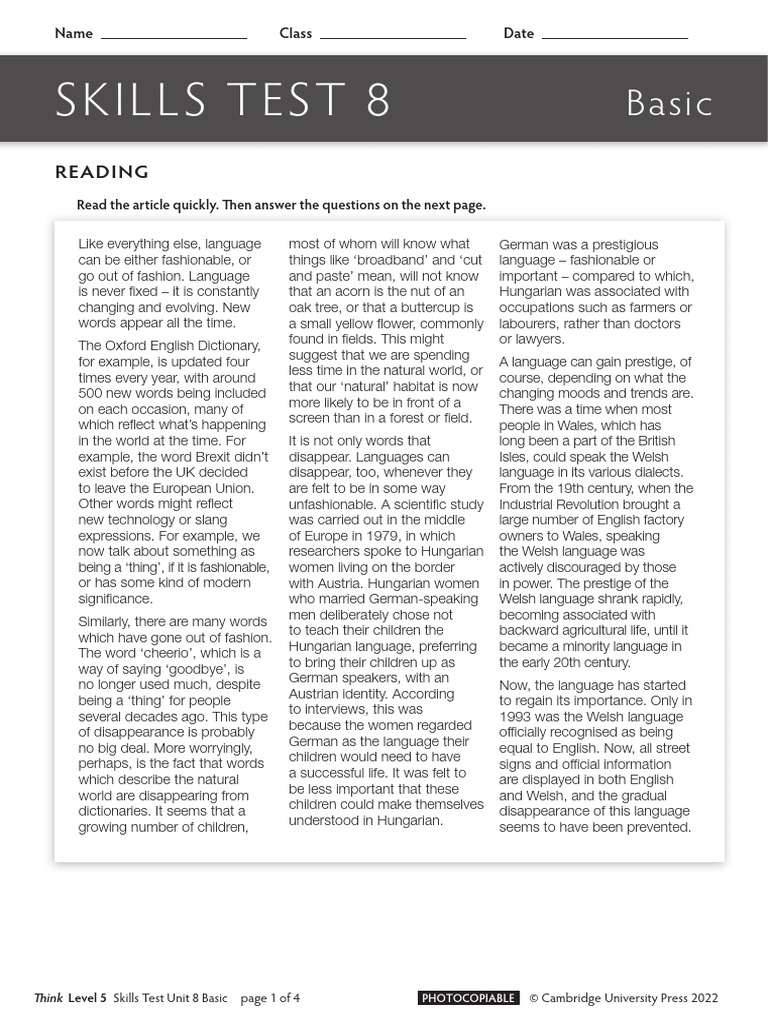 Think 5 - Skills - Test - Basic - Unit - 8 | PDF | Foreign Language ...