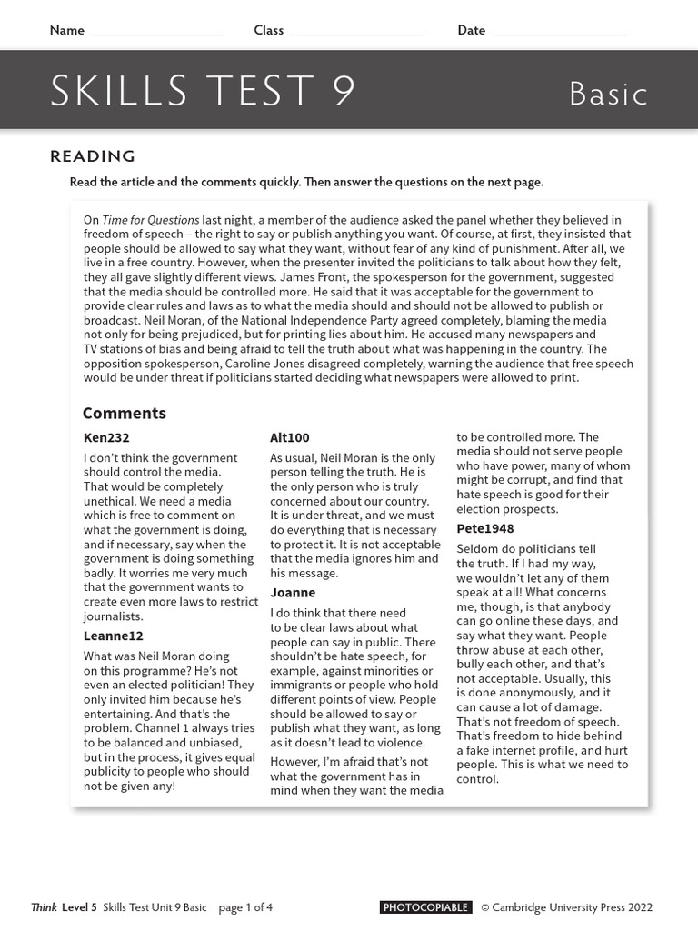 Think 5 - Skills - Test - Basic - Unit - 9 | PDF | Freedom Of Speech | Bias