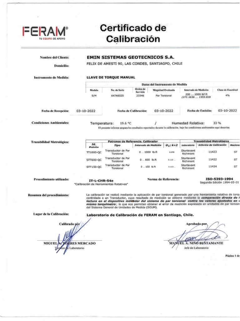Certificado de Calibración Llave de Torque | PDF