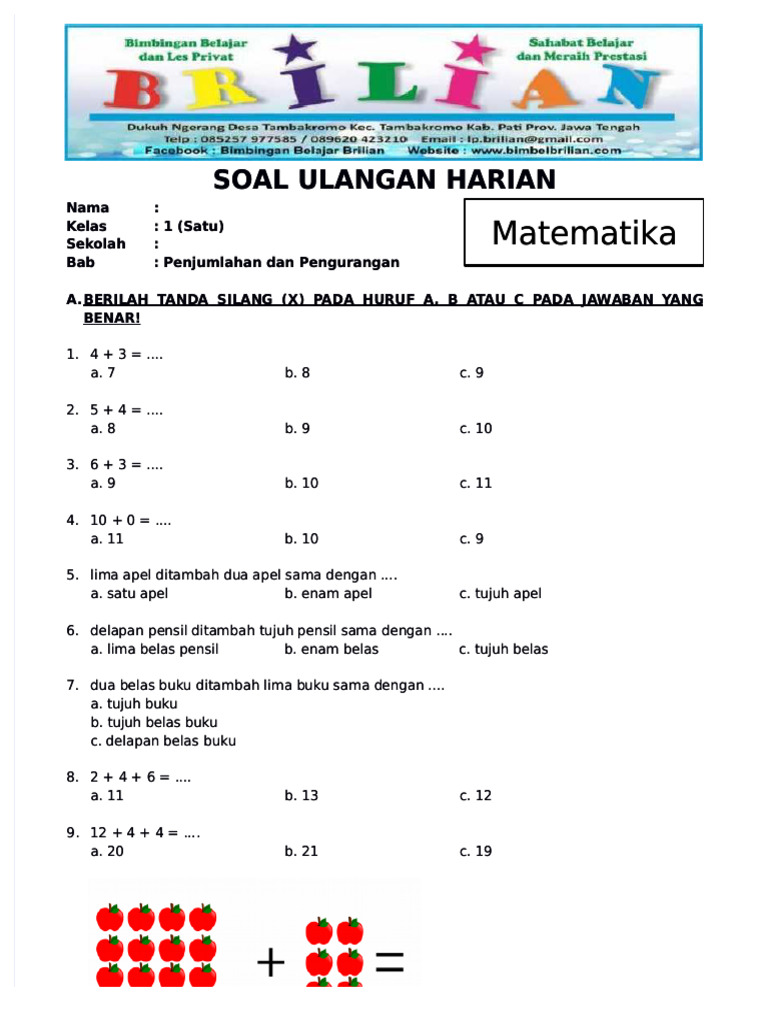 Pdf Soal Matematika Kelas 1 Sd Bab 2 Penjumlahan Dan Pengurangan Dan