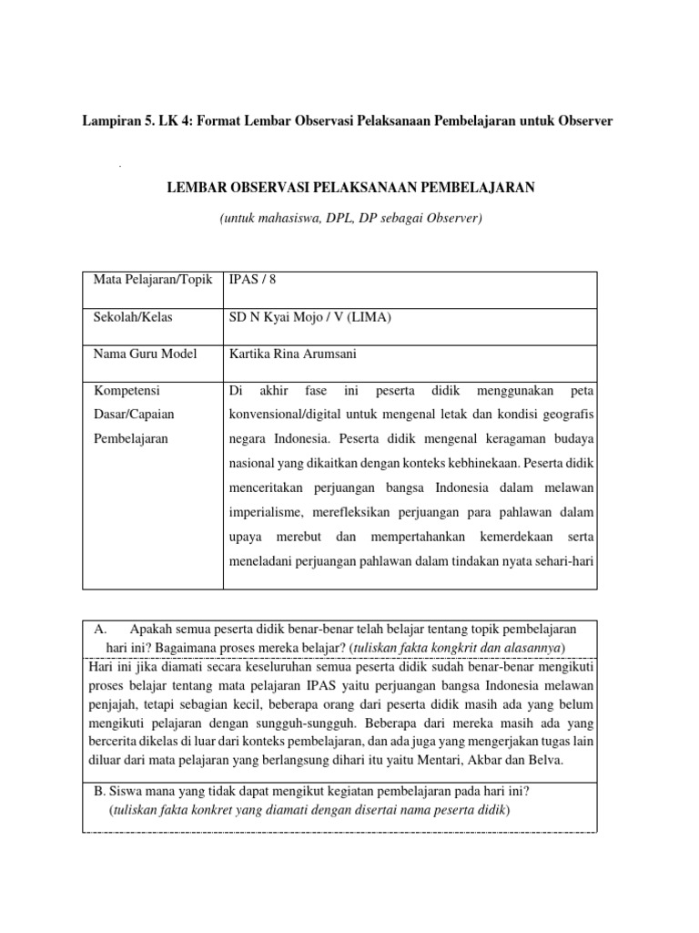 Lampiran 5. LK 4 Format Lembar Observasi Pelaksanaan Pembelajaran Untuk Observer - SIKLUS 2 | PDF