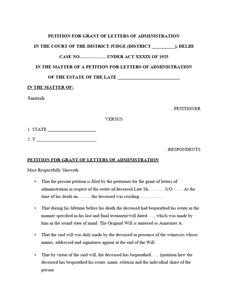 PETITION FOR GRANT OF LETTERS OF ADMINISTRATION | PDF | Will And ...
