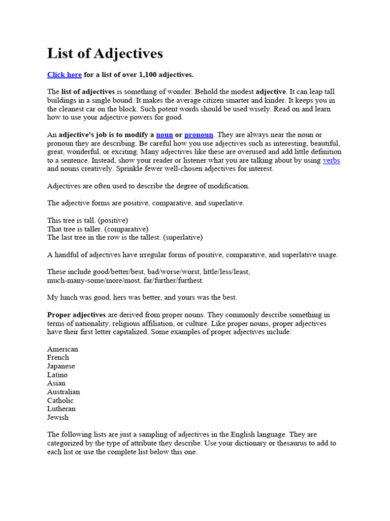 List of Adjectives | PDF | Adjective | Noun