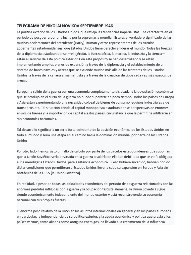 Novikov Telegrama | PDF | Unión Soviética | Política mundial