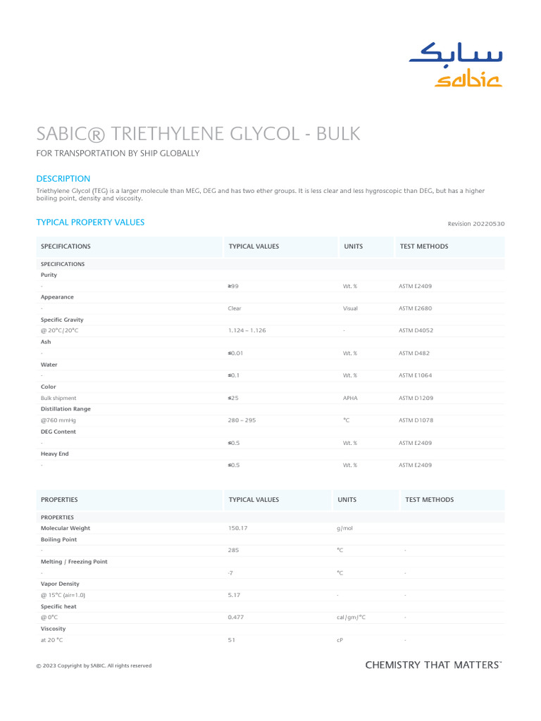 Triethylene Glycol - Bulk - Global - Technical - Data - Sheet | PDF | Viscosity | Ink