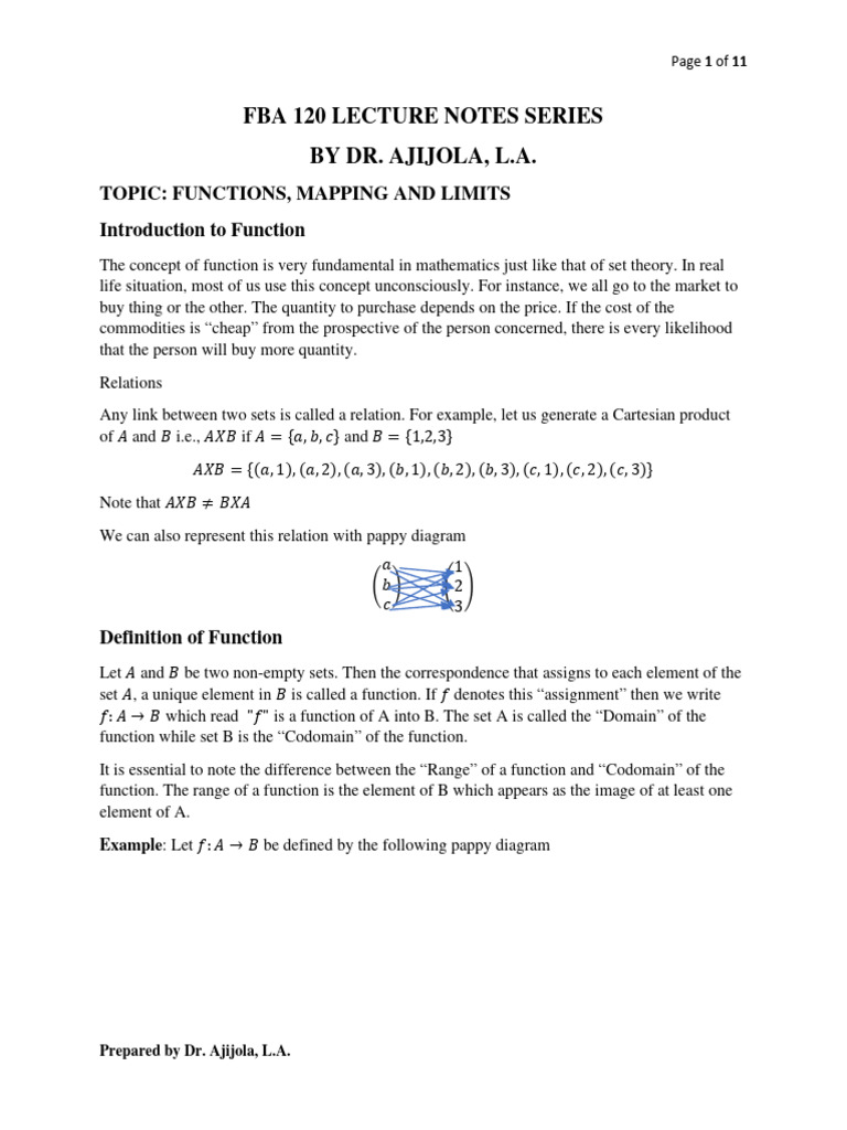 Lecture Notes On Function Mapping and Limits by Dr. Ajijola | PDF ...