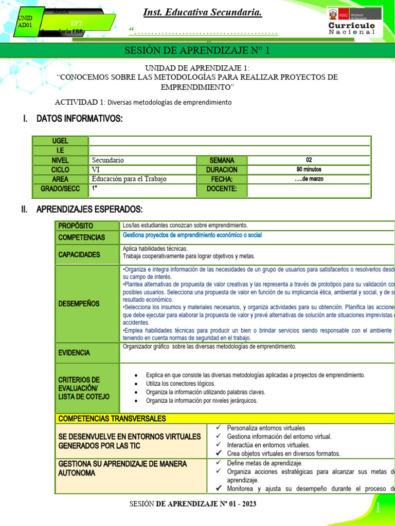 1º Etp-Ses.1 - Uni 1 - Sem 02 - 2022 | Descargar gratis PDF | Maestros | Aprendizaje