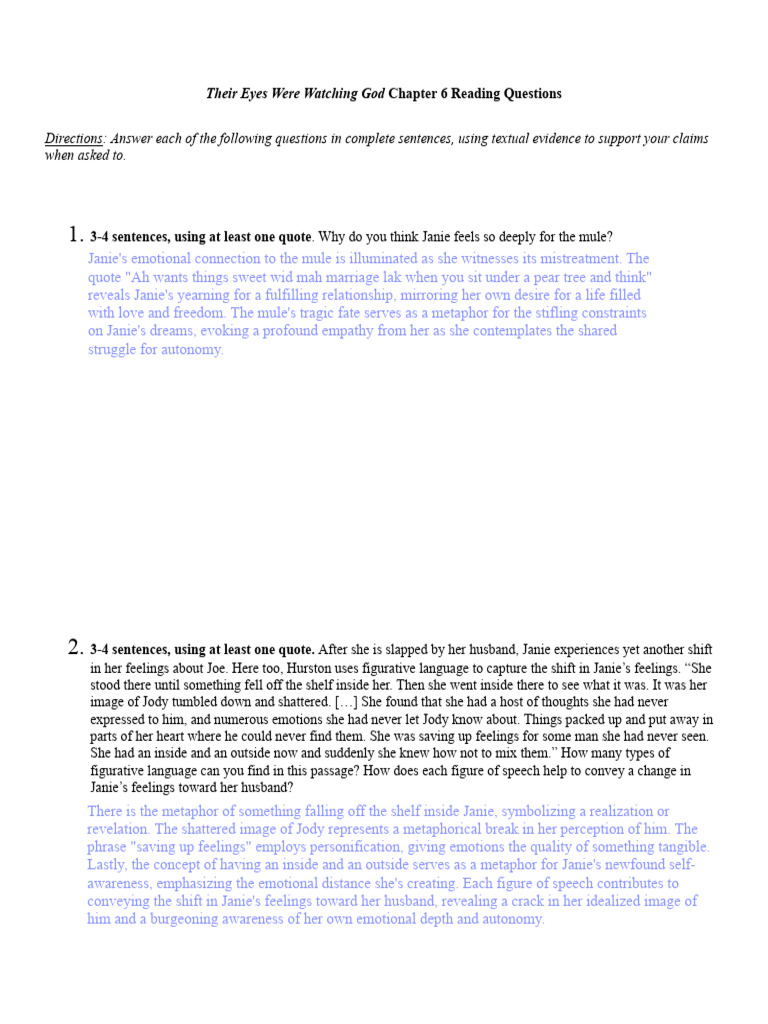 Chapter 6 Questions for Their Eyes Were Watching God | PDF ...