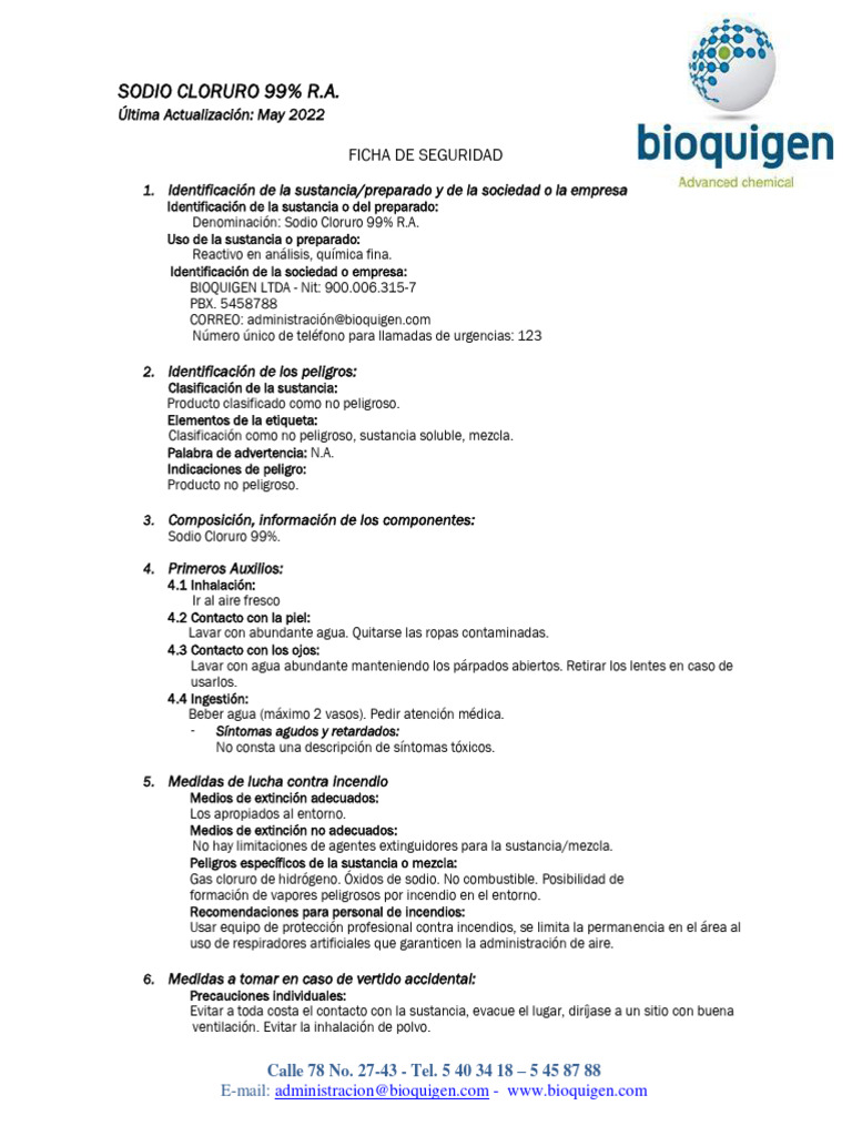 FDS - Sodio Cloruro 99% | PDF | Toxicidad | Sodio