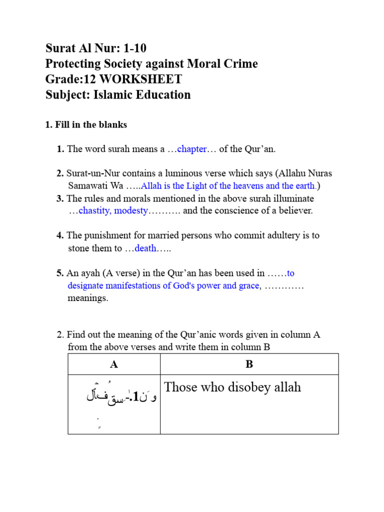Grade 12 Surat Noor Worksheet | PDF | Adultery